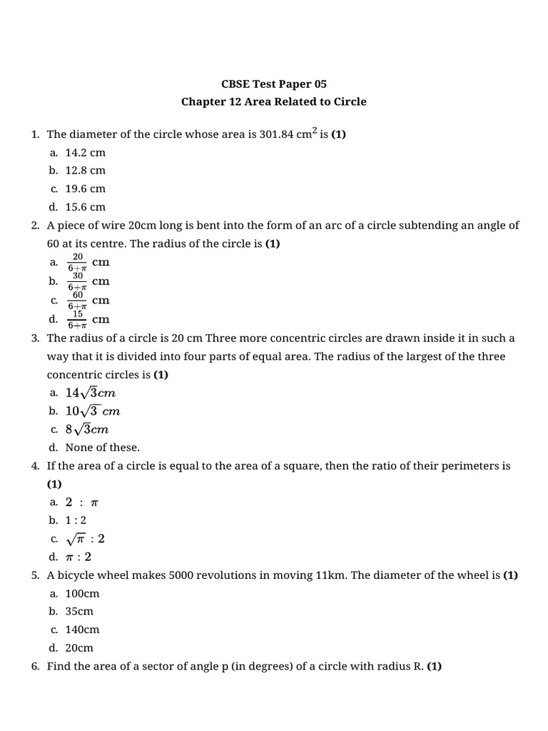 Chapter 12 Area Related To Circles Test 05 | PDF | Area | Circle