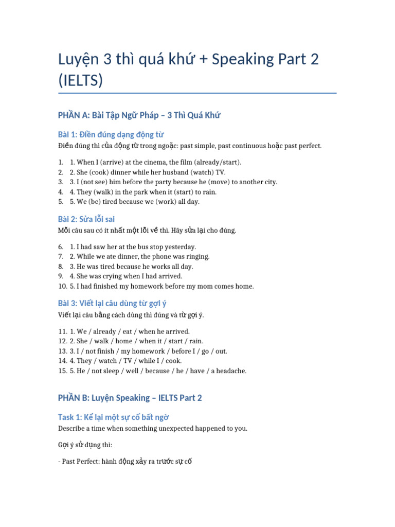 Luyen 3 Thi Qua Khu Speaking Part2 | PDF