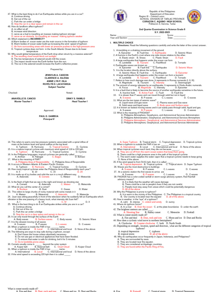 Science 8 2ndquarter Exam With Answerkey 1 | PDF | Tropical Cyclones | Meteoroid