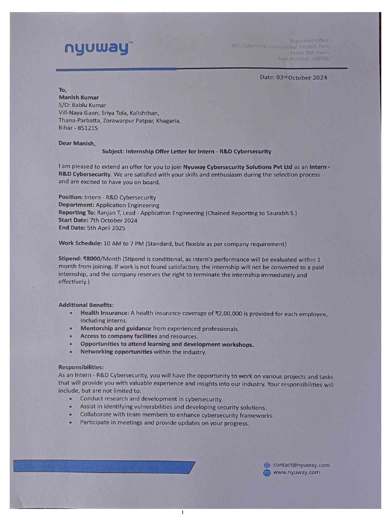 Singed Offer Letter For R&D Cyberse | PDF