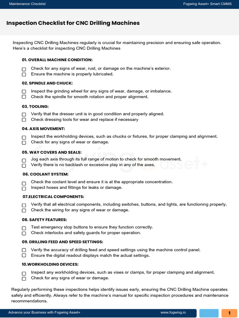 Inspection Checklist For CNC Drilling Machines | PDF | Numerical ...