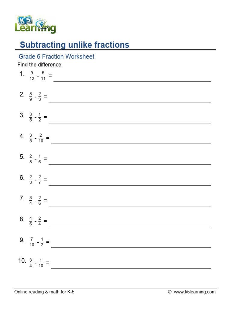 Worksheetsmathgrade 6 Subtracting Unlike Fractions Denominators 2 12 B ...