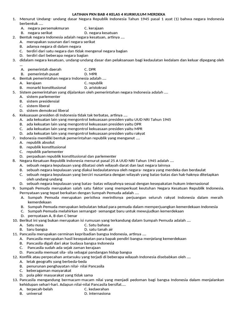 Latihan PKN Bab 4 Kelas 4 Kurikulum Merdeka | PDF