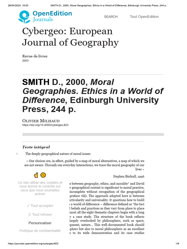 SMITH D., 2000, Moral Geographies. Ethics in A World of Difference ...