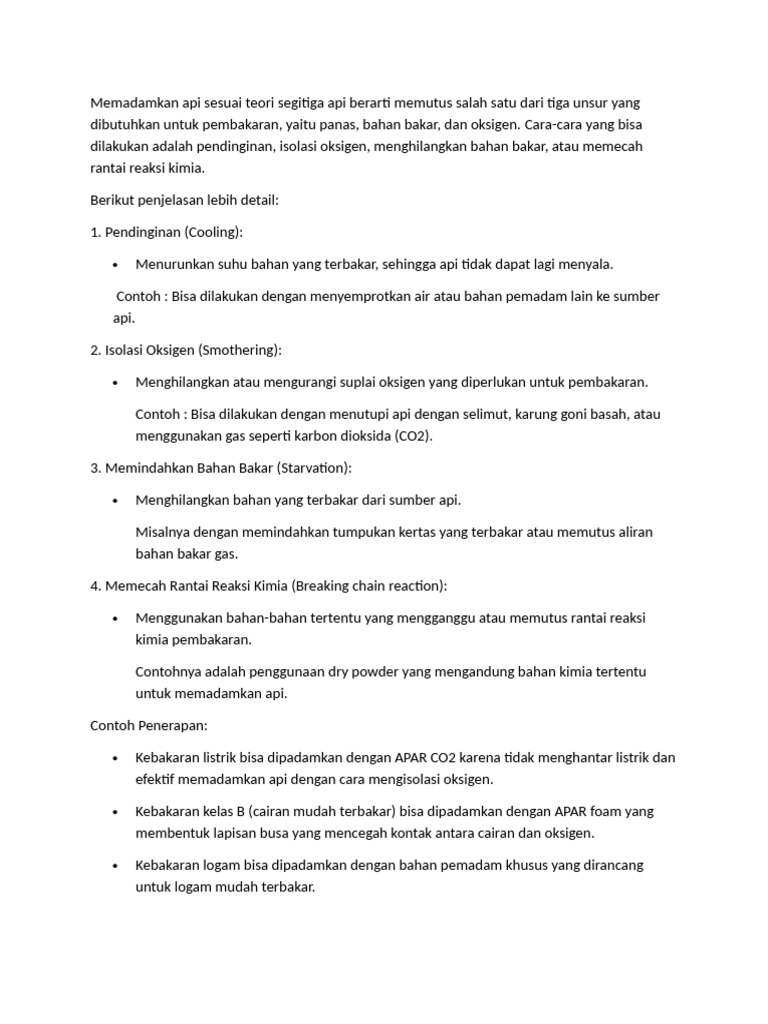 Memadamkan Api Sesuai Teori Segitiga Api Berarti Memutus Salah Satu ...