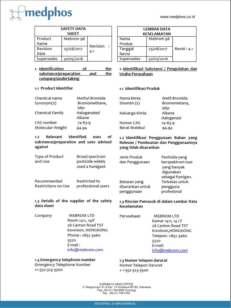 MSDS Mebrom 98: Methyl Bromide Safety | PDF