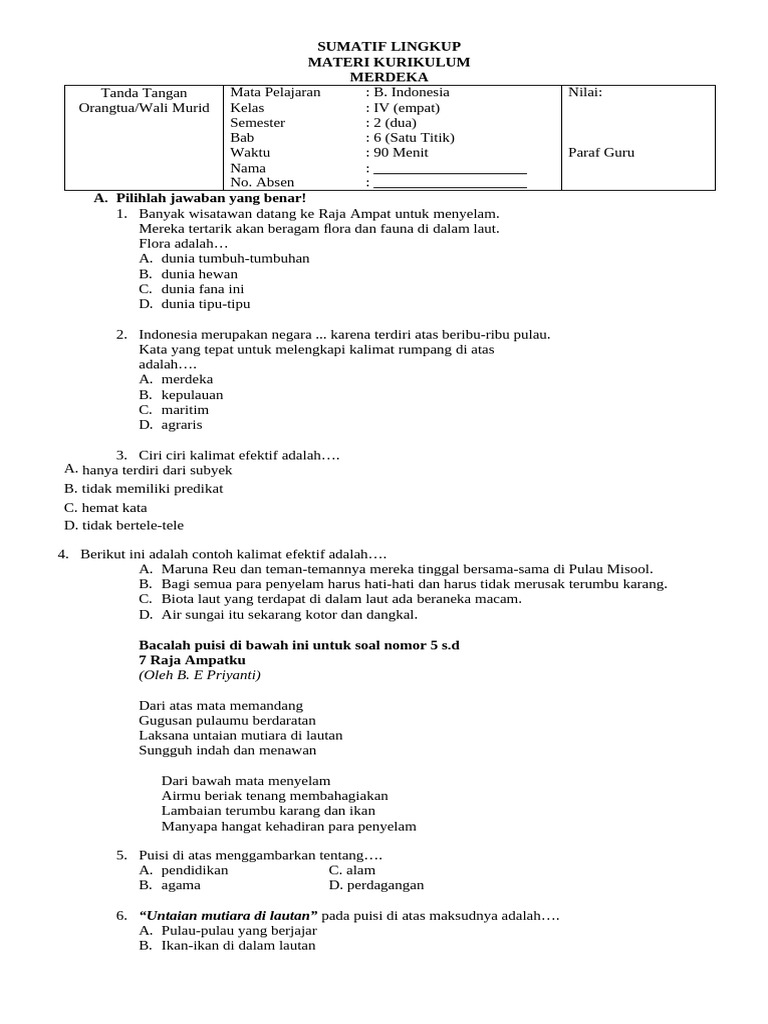 Sumatif B.indo - 4C - Bab 6 - 2024 - 2025 | PDF