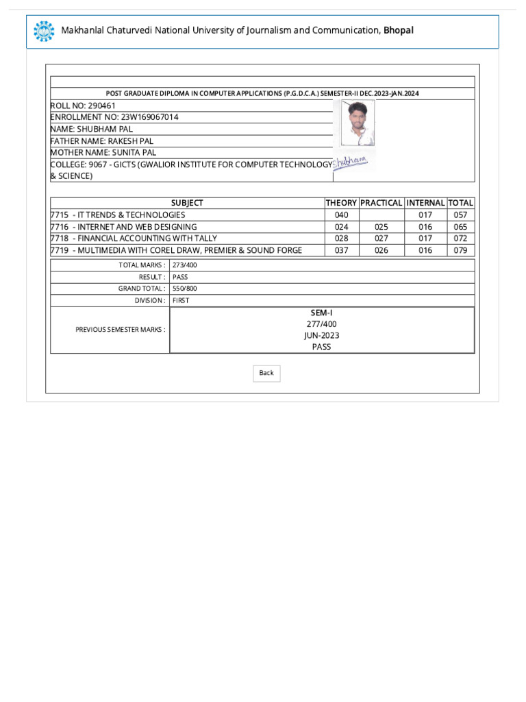 shubham pal pgdca semester 2 result | PDF