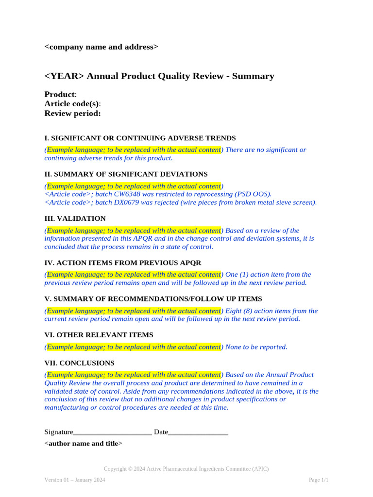 PQR Summary Template Example | PDF