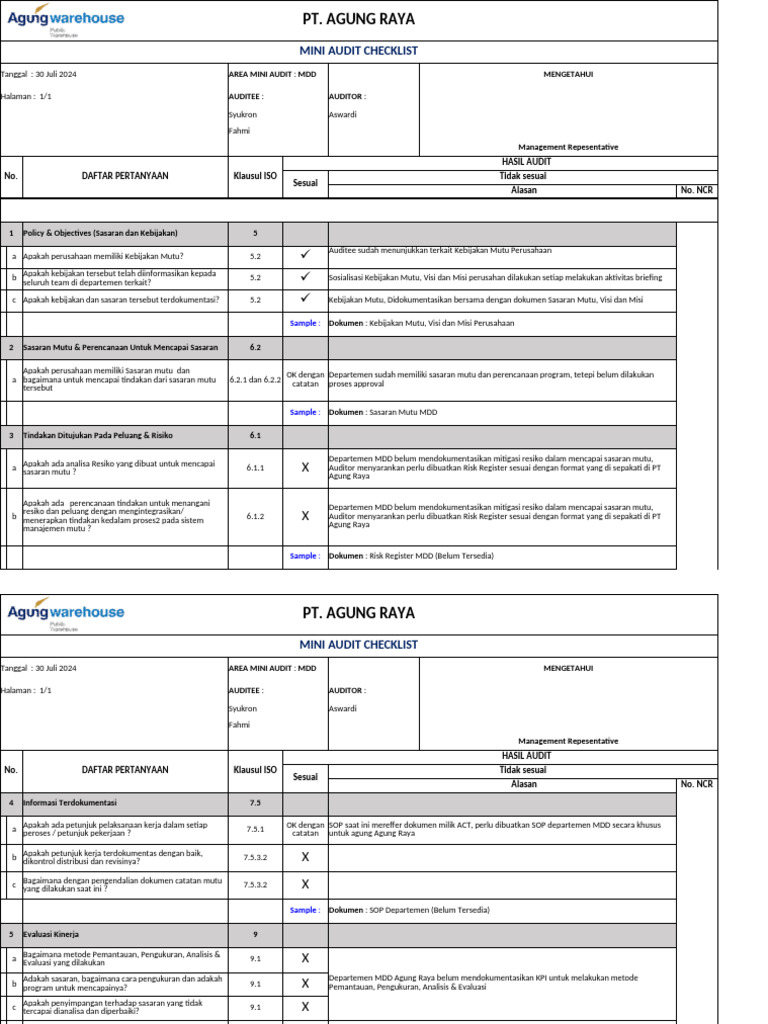 Checklist Mini Audit Internal 2024 | PDF
