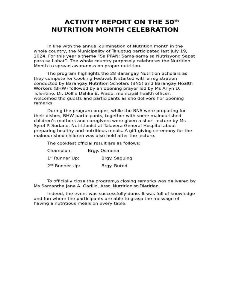 ACTIVITY REPORT ON THE 50th NUTRITION MONTH CELEBRATION | PDF