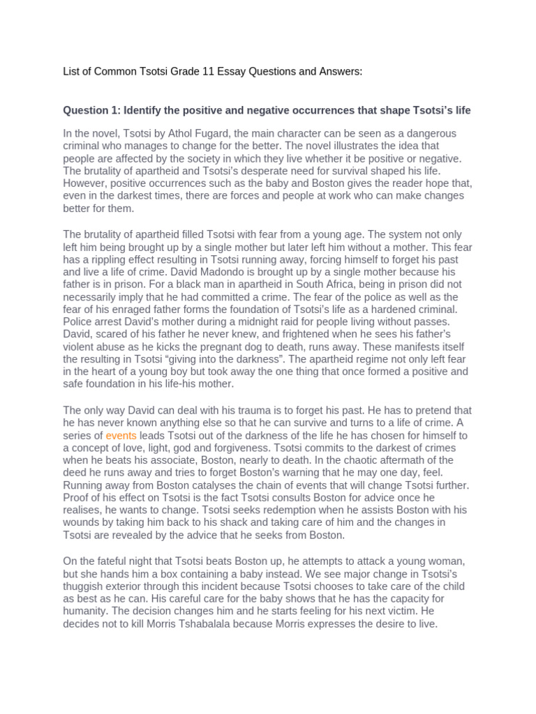 Tsotsi Grade 11 Essay Questions & Answers | PDF | Crimes | Crime & Violence
