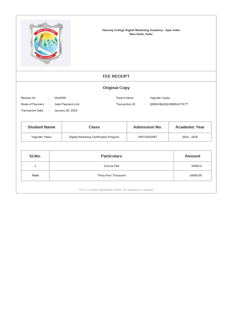 Hansraj College Digital Marketing Fee Receipt | PDF