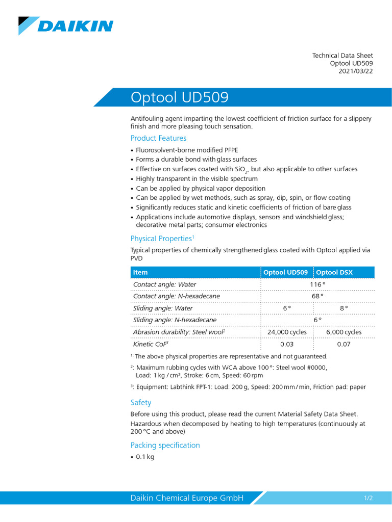 Optool UD509 Technical Data Sheet | PDF | Friction | Glasses