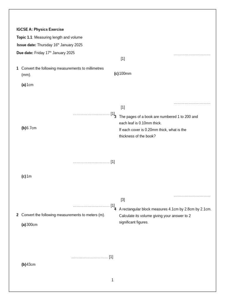 IGCSE Physics: Length & Volume Exercises | PDF | Volume | Physical ...