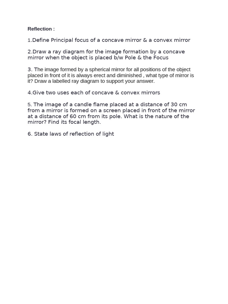 Class X Worksheet 1 Light - Mirror | PDF