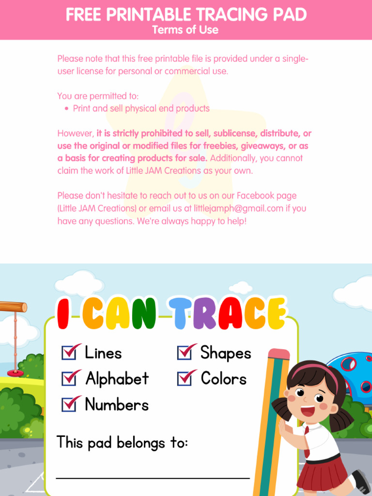 Printable Tracing Pad (LinesAlphabetNumbersShapesColors) | PDF