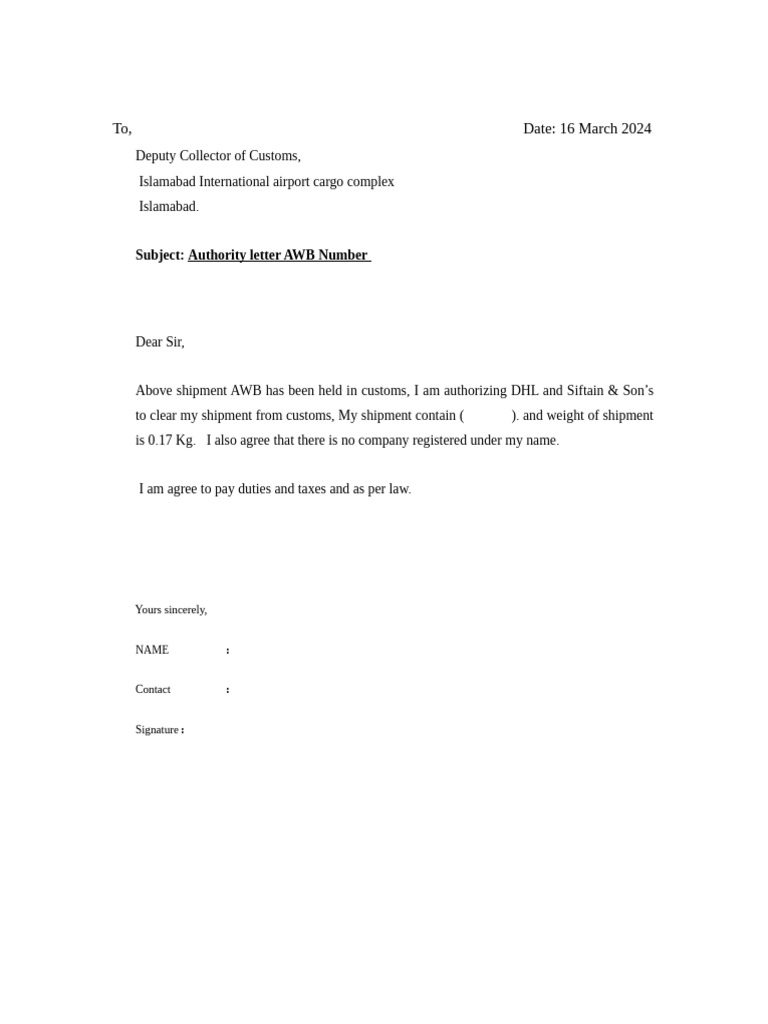 Customs Clearance Authorization Letter | PDF