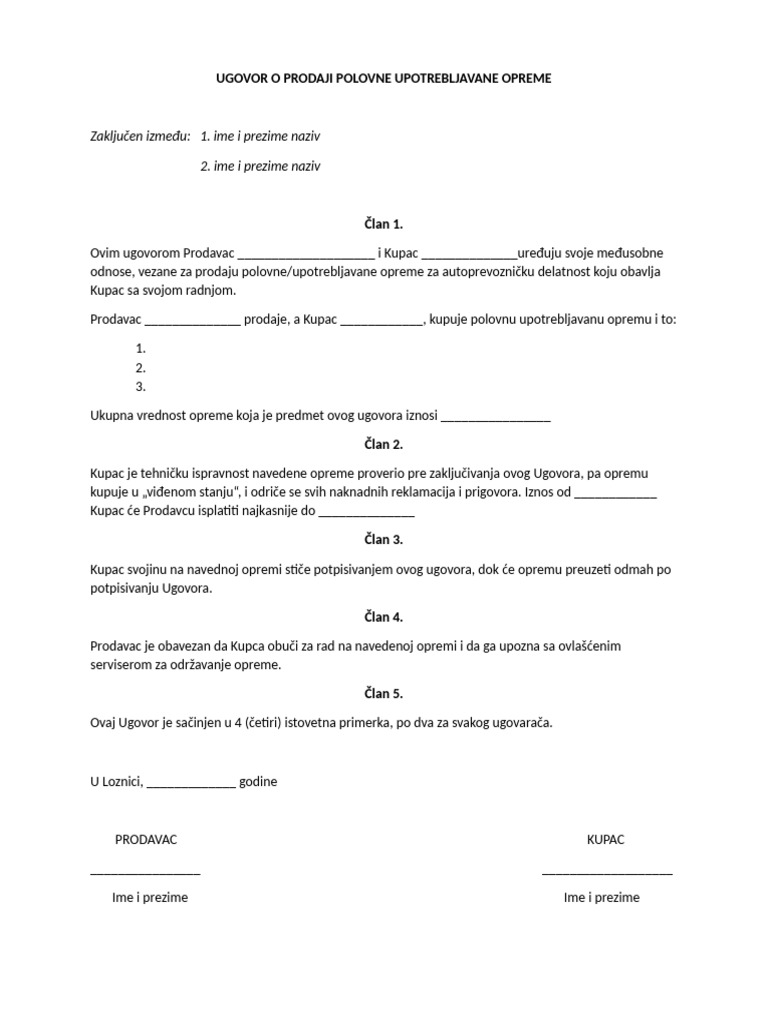 Primer Ugovora o Prodaji Ili Kupovini Opreme Primer | PDF