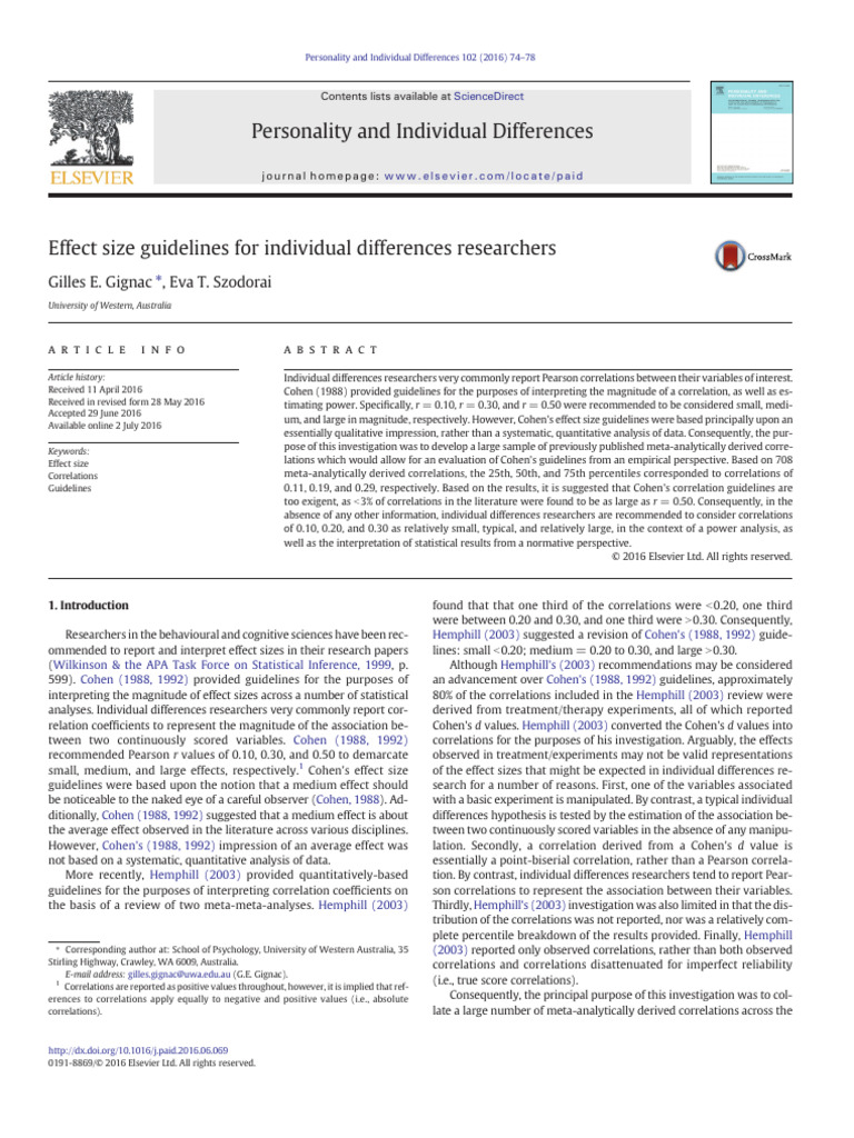 Effect size guidelines for individual differences researchers | PDF | Effect Size | Meta Analysis