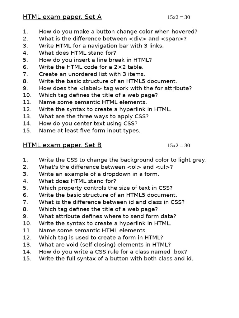 HTML Exam Paper | PDF