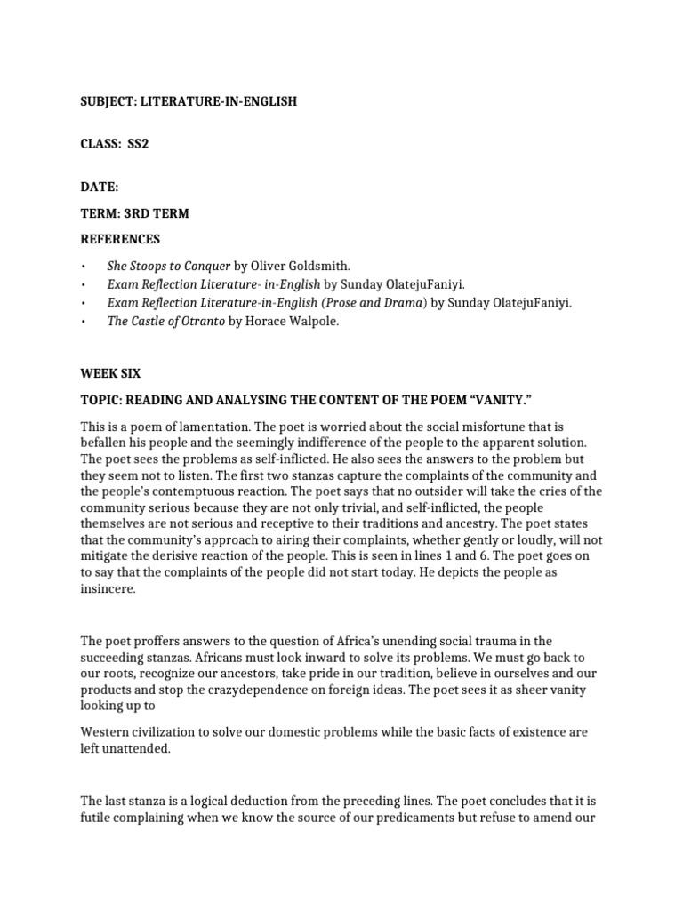 Reading and Analysing The Content of The Poem "Vanity " | PDF | Poetry ...