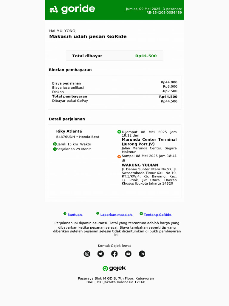 Bukti Pembayaran Go-Jek Dari Marunda Ketempat Agen | PDF