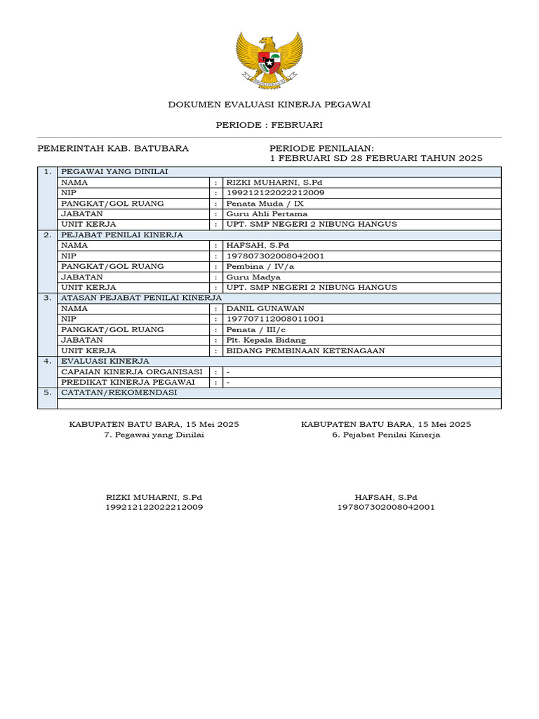 Dokumen Evaluasi Kinerja Februari 2025 Rizki Muharni | PDF