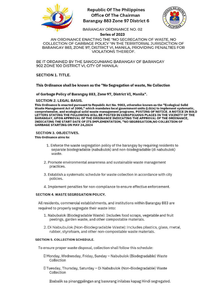 Brgy Ordinance No. 2 No Waste Segregation-No Waste Collection Policy ...