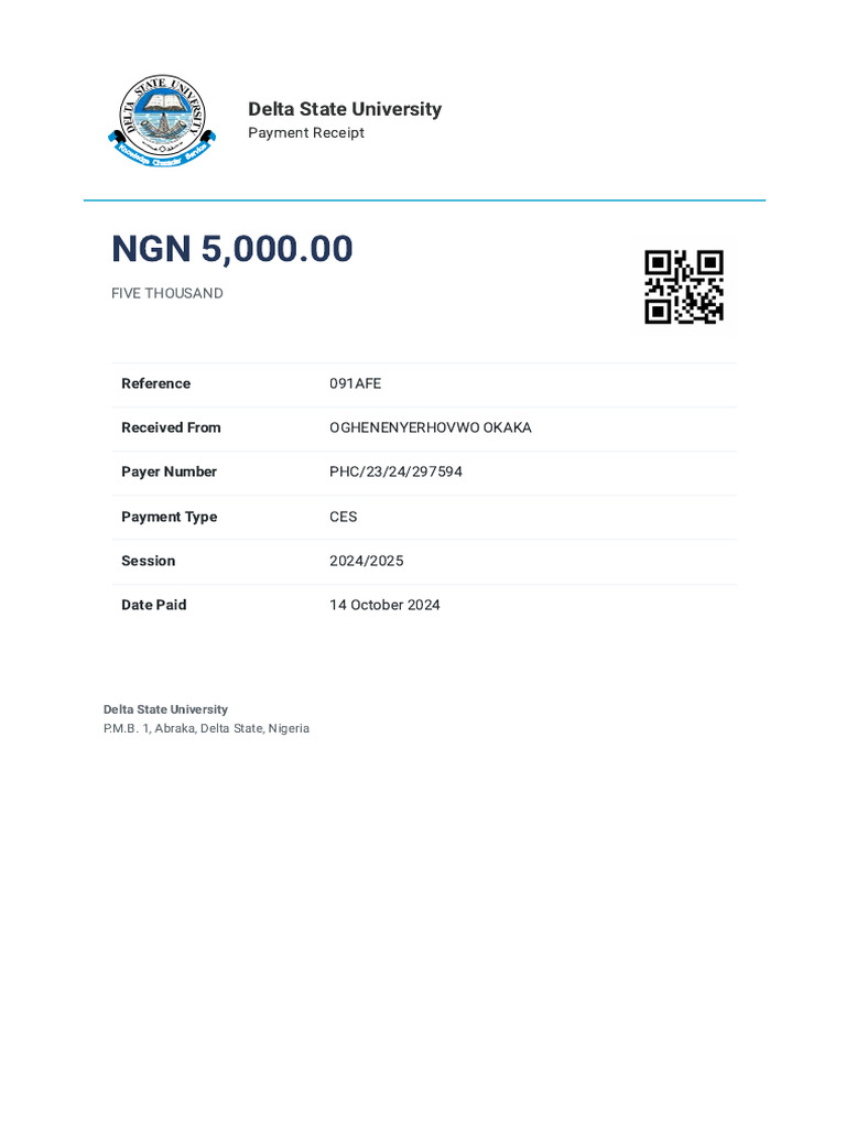 Delta State University Payment Receipt | PDF