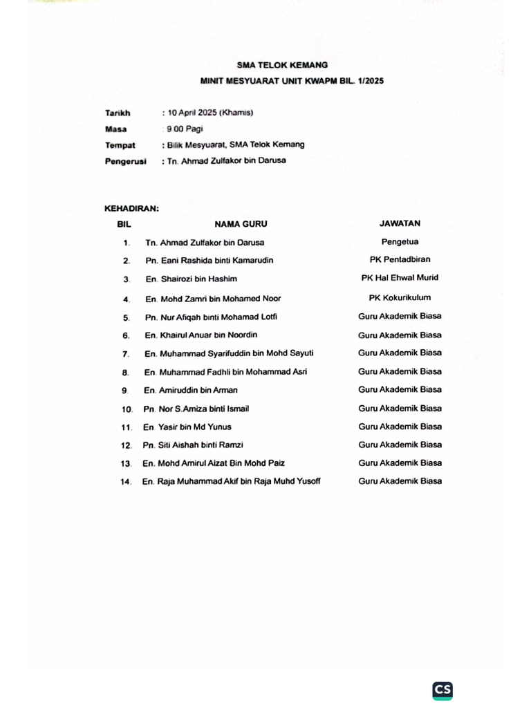 Minit mesyuarat kwapm | PDF