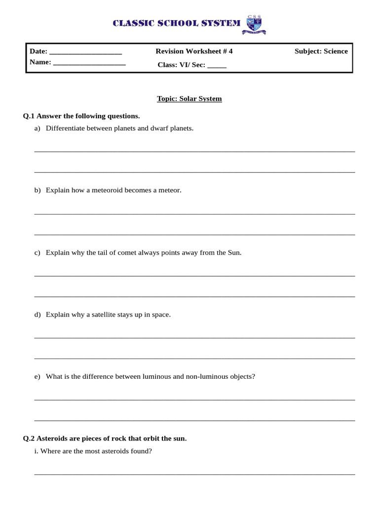 Solar System Revision Worksheet VI | PDF | Solar System | Meteoroid