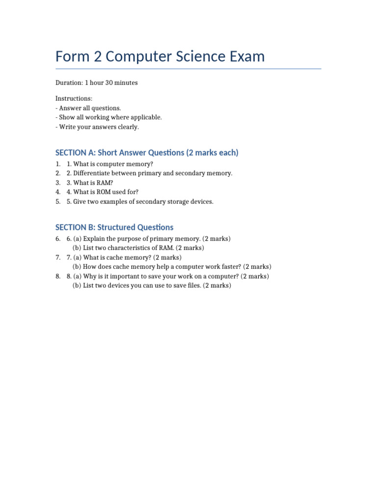Form 2 Computer Science Exam | PDF