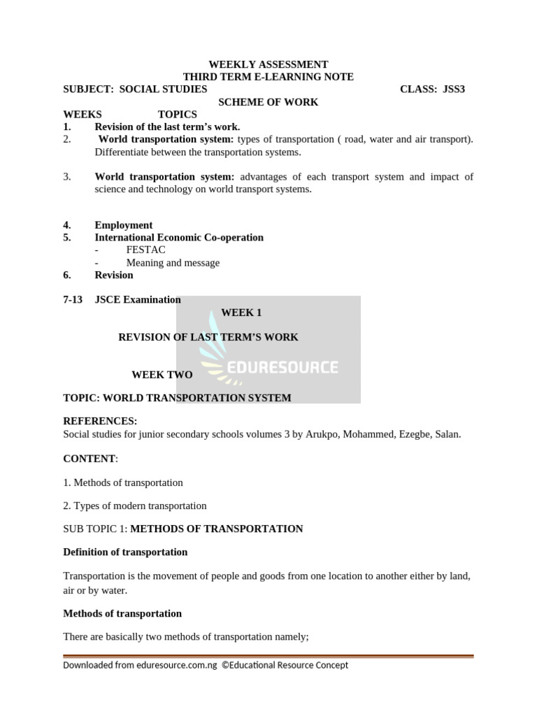 Third Term JSS 3 Social Studies | PDF | Transport | Ships