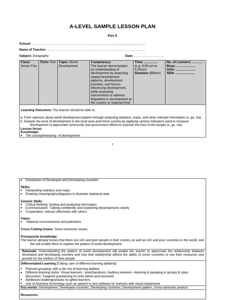 A-Level Geography Lesson Plan: Development | PDF | Learning | Geography