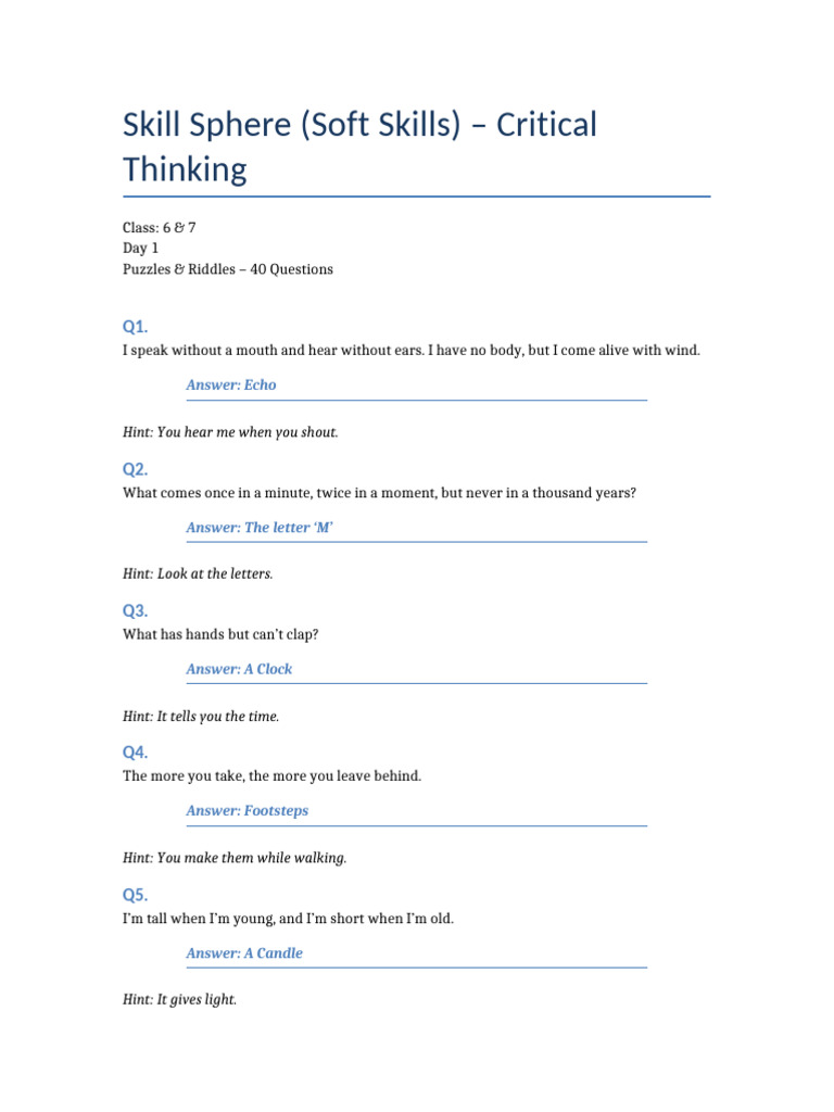 Critical Thinking Class 6 7 All 40 Questions | PDF