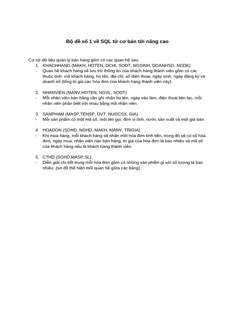 Bộ Đề Số 1 Về SQL Từ Cơ Bản Tới Nâng Cao | PDF