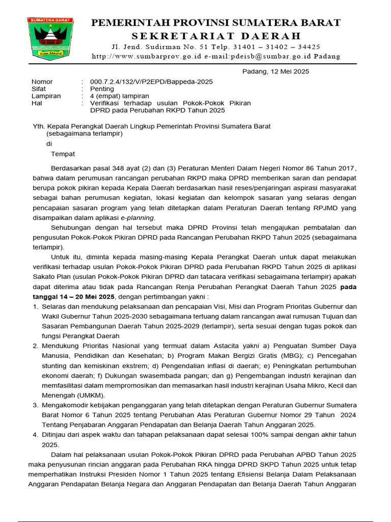 Surat Sekda Provinsi Ke SKPD Prov Perihal Verifikasi Usulan Baru Pokok-Pokok PIkiran DPRD Pada ...