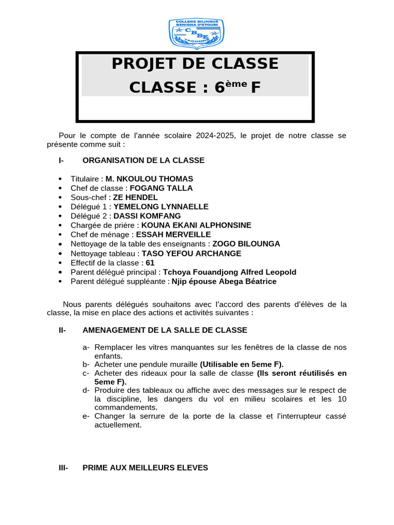 Projet de Classe 6ème F 2024-2025 | PDF