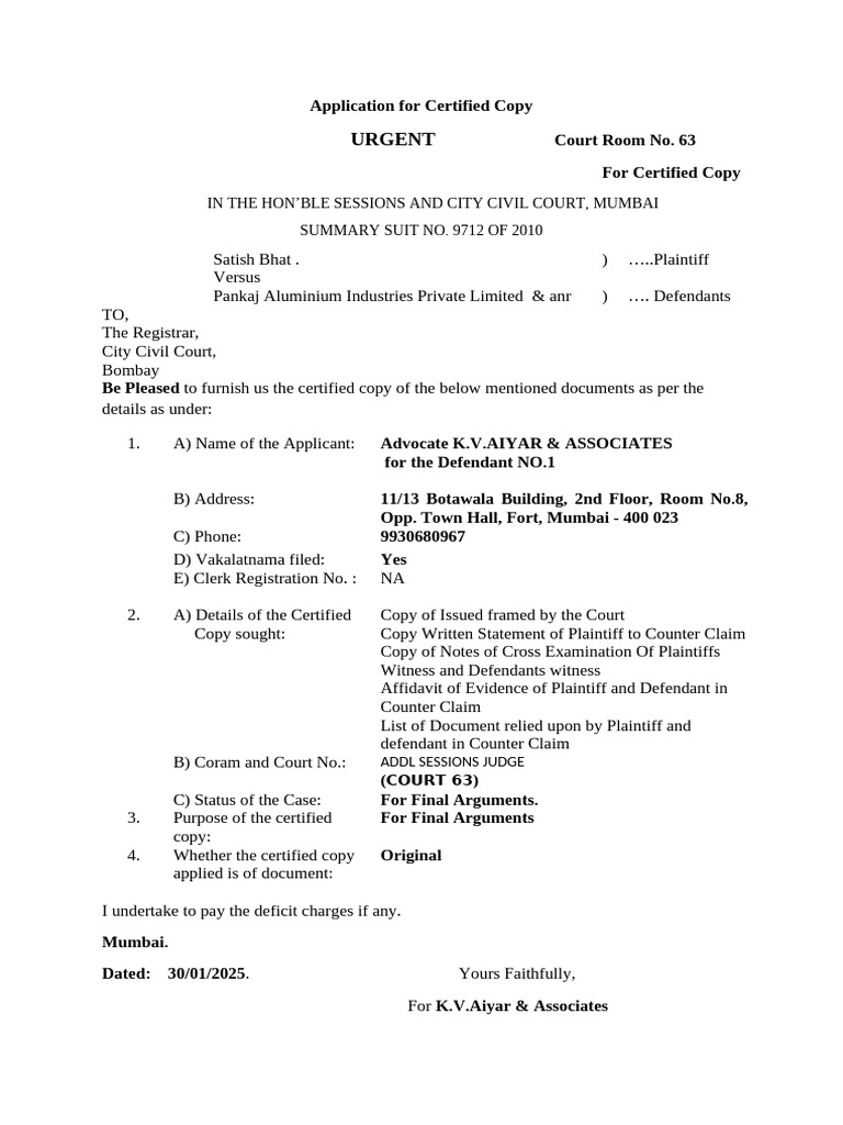 Certified Copy Application1 Satish Baht Vs Pankaj | PDF