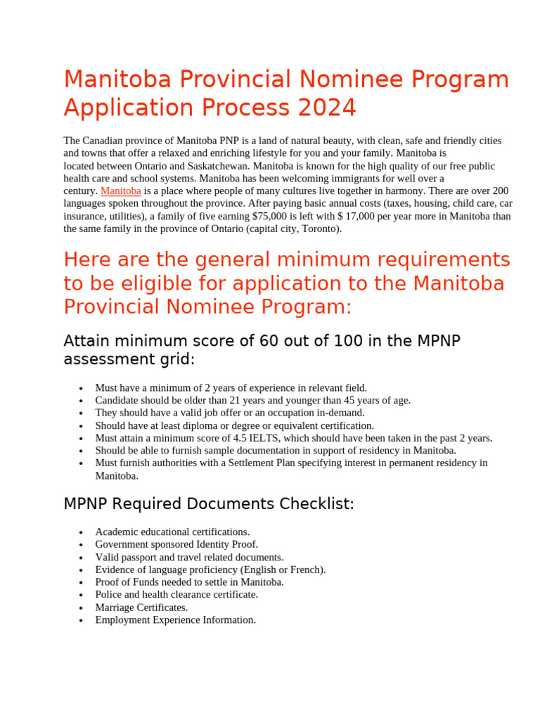 Manitoba Provincial Nominee Program Application Process 2024 | PDF