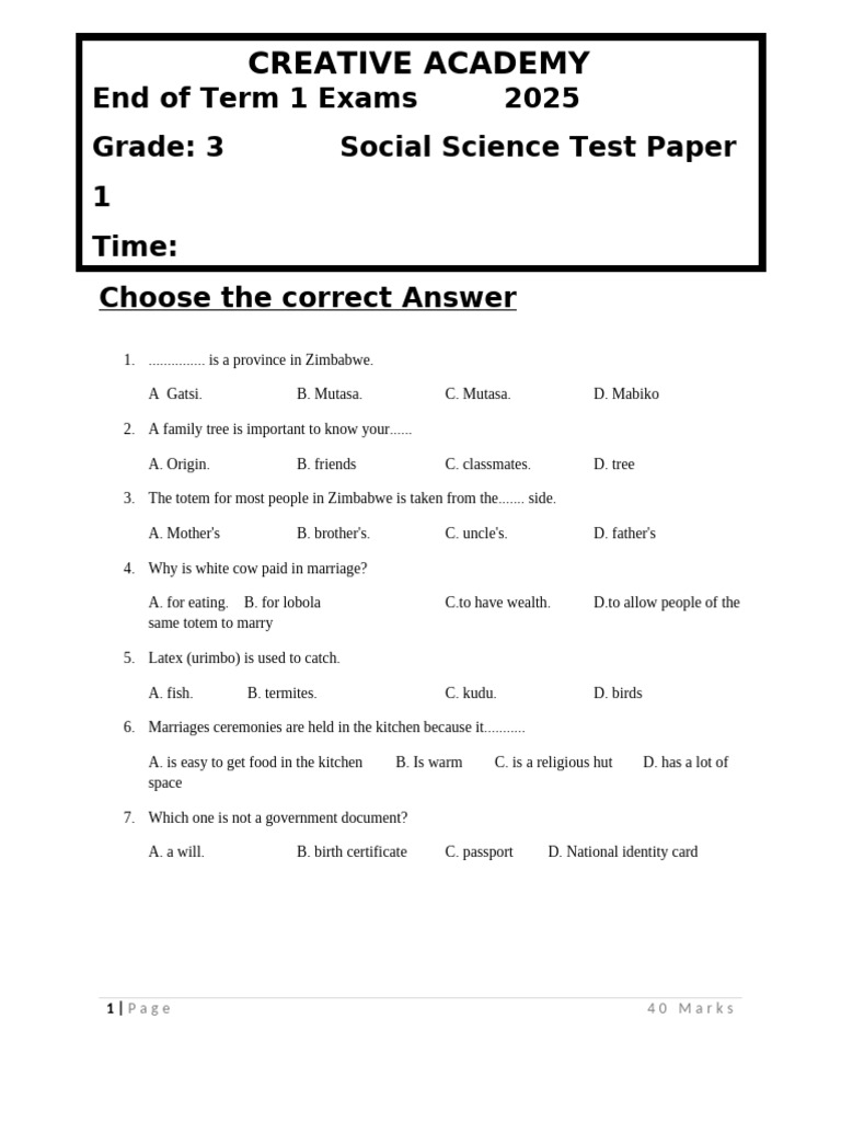 Grade 3 Social Science Exam Paper | PDF