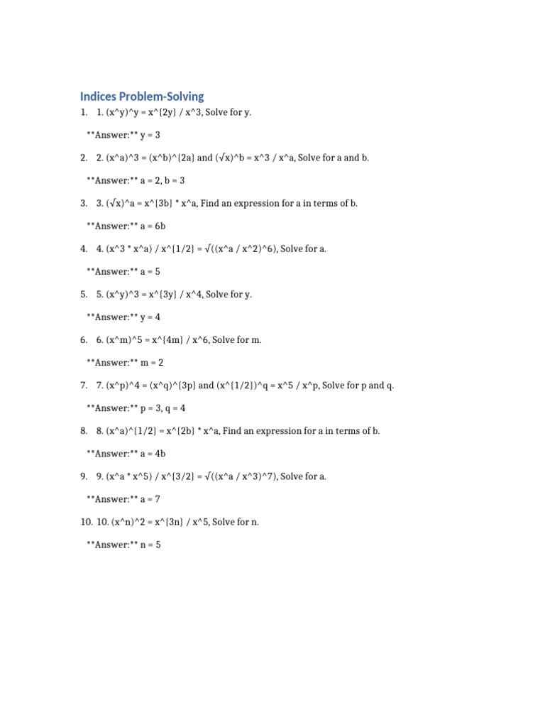 Indices Problems Solutions | PDF