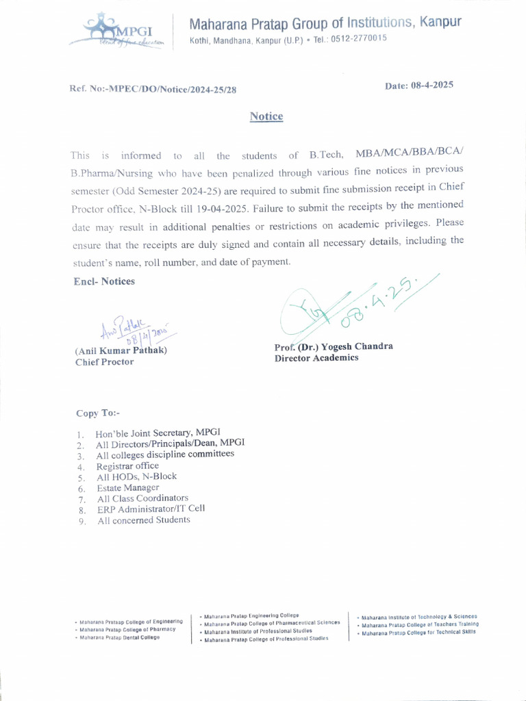 Fine Submission Notice for Students | PDF