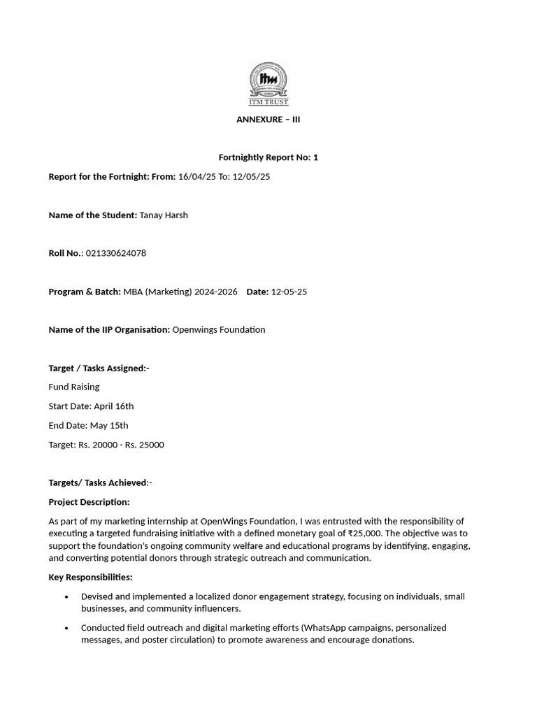 Fortnightly Project Report | PDF