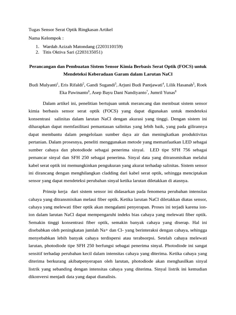 Tugas Sensor Serat Optik Ringkasan Artikel | PDF