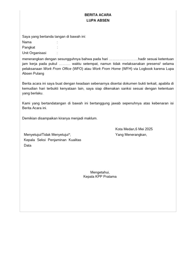 Berita Acara Lupa Absen | PDF