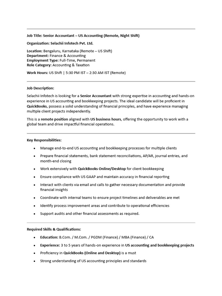 Job Profile Sr. Accountant | PDF | Accounting | Business