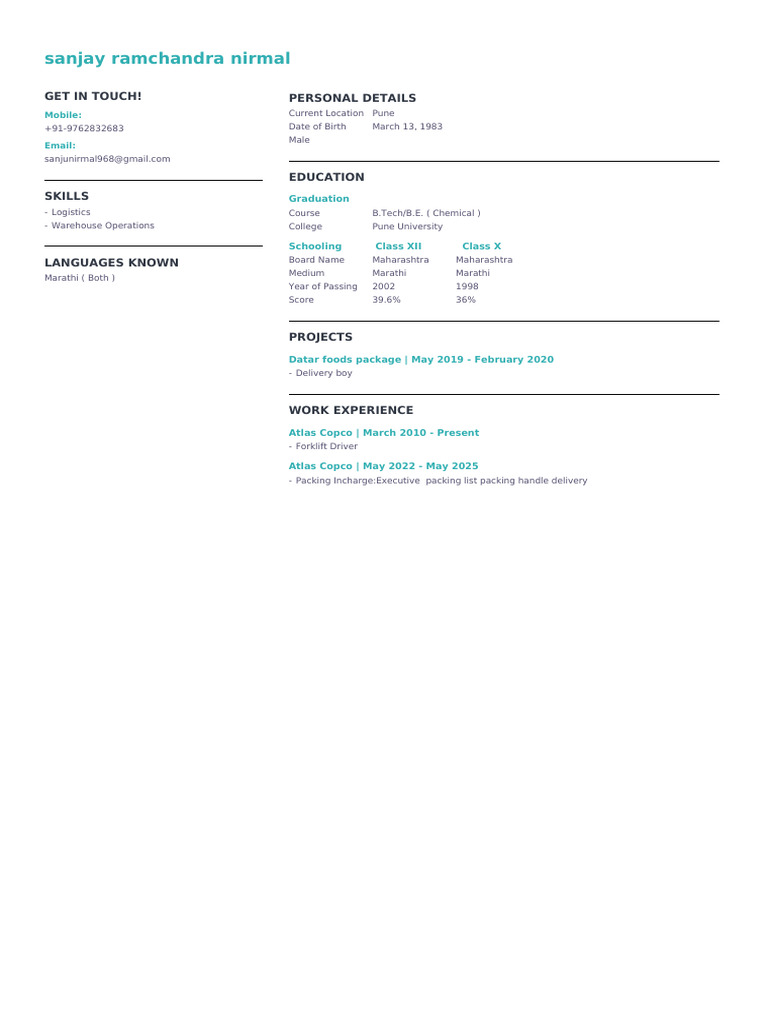 Sanjay Ramchandra Nirmal Resume | PDF