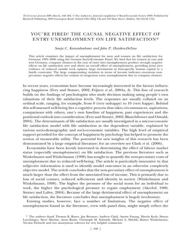 KASSENBOEHMER & HAISKEN The Negative Effect of Entry Unemployment On Life Satisfaction | PDF ...
